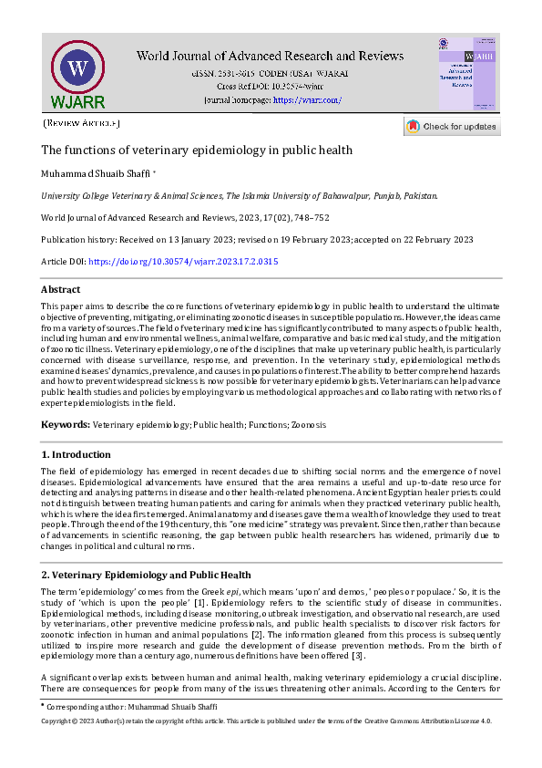 (PDF) The functions of veterinary epidemiology in public health