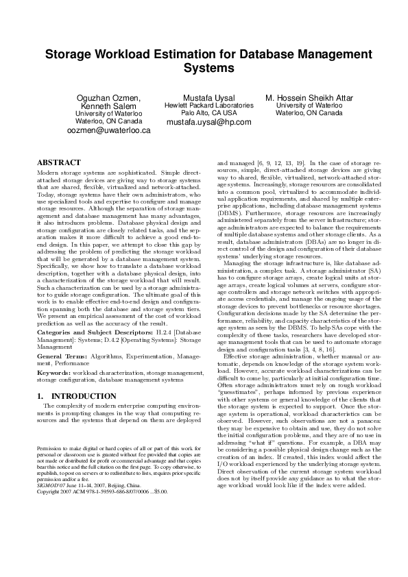 (PDF) Storage workload estimation for database management systems