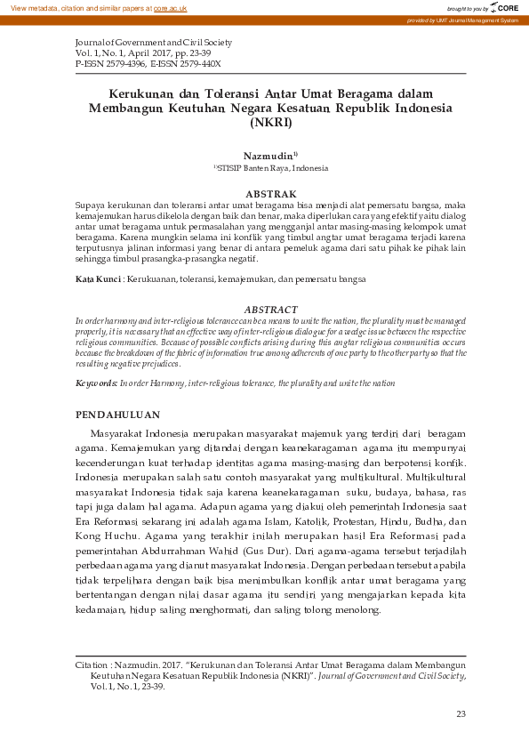 (PDF) Kerukunan dan Toleransi Antar Umat Beragama dalam Membangun Keutuhan Negara Kesatuan ...