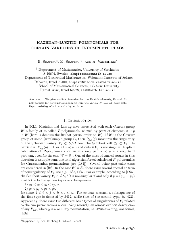 Pdf Kazhdan Lusztig Polynomials For Certain Varieties Of Incomplete Flags Michael Shapiro