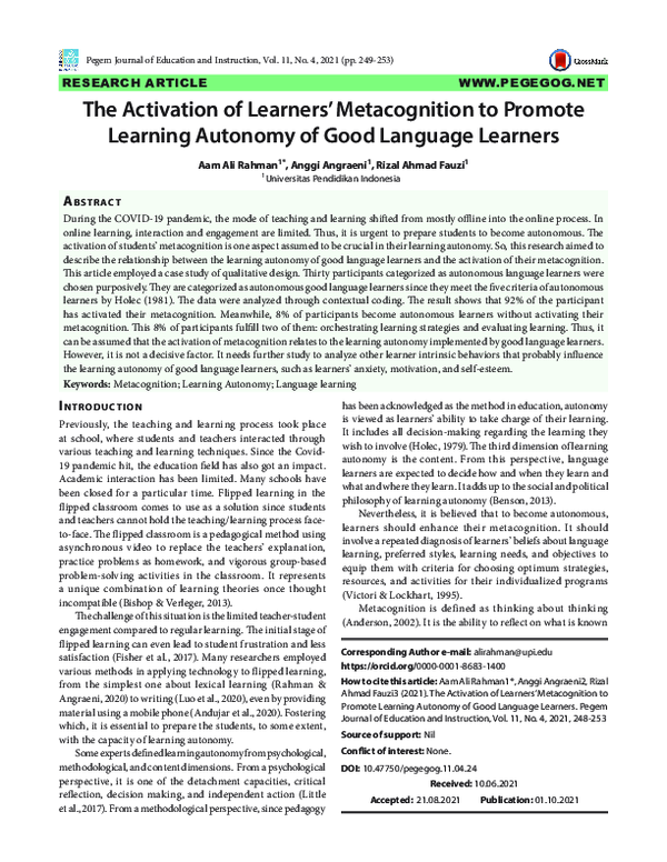 (PDF) The activation of learners' metacognition to promote learning ... (PDF) The activation of learners' metacognition to promote learning ...