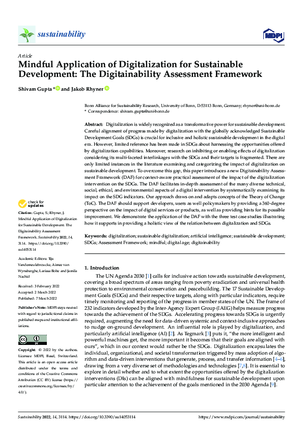 (PDF) Mindful Application of Digitalization for Sustainable Development: The Digitainability ...