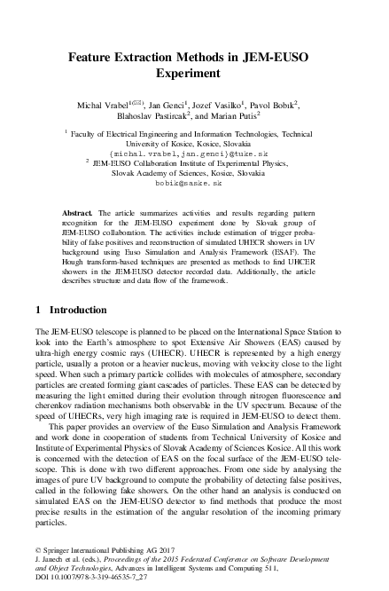 (PDF) Feature Extraction Methods in JEM-EUSO Experiment | Jan Genci ... (PDF) Feature Extraction Methods in JEM-EUSO Experiment | Jan Genci ...