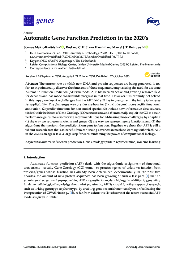 (PDF) Automatic Gene Function Prediction in the 2020’s