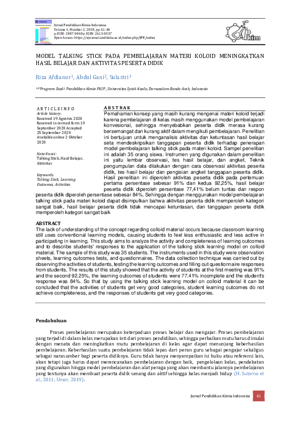 (PDF) Penerapan Model Talking Stick Pada Pembelajaran Materi Koloid Untuk Meningkatkan Hasil ...