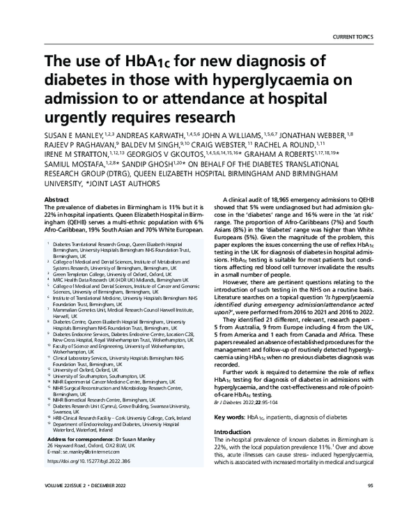 (PDF) use of HbA1c for new diagnosis of diabetes in those with ...