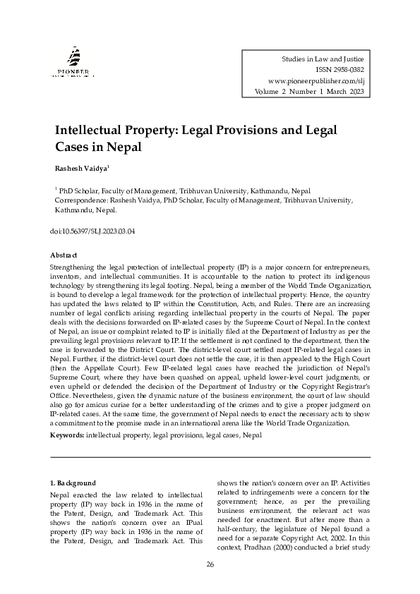 (PDF) Intellectual Property: Legal Provisions and Legal Cases in Nepal