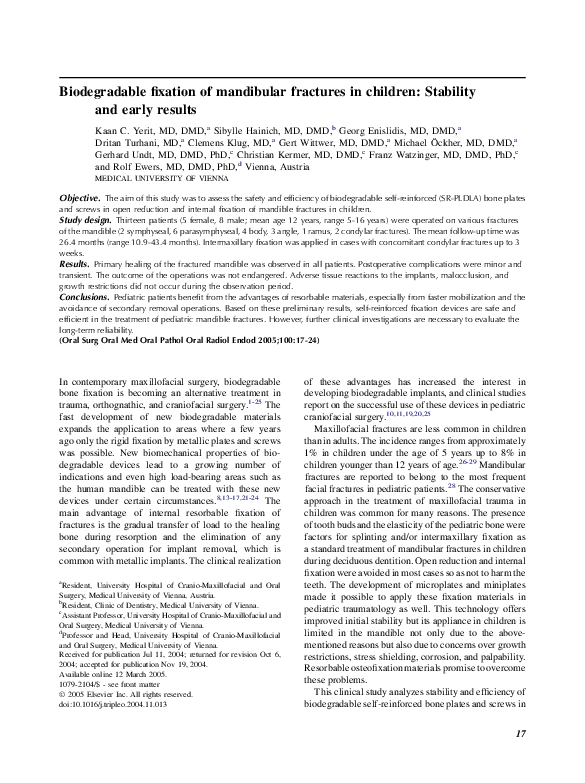 (PDF) Biodegradable fixation of mandibular fractures in children: Stability and early results