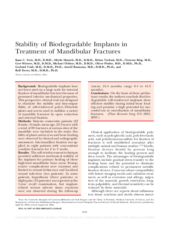 (PDF) Stability of Biodegradable Implants in Treatment of Mandibular Fractures