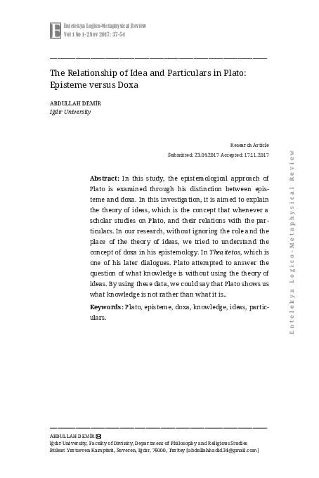 (PDF) The Relationship of Idea and Particulars in Plato: Episteme ...