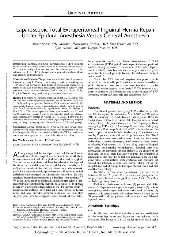 (PDF) Laparoscopic Total Extraperitoneal Inguinal Hernia Repair Under ...
