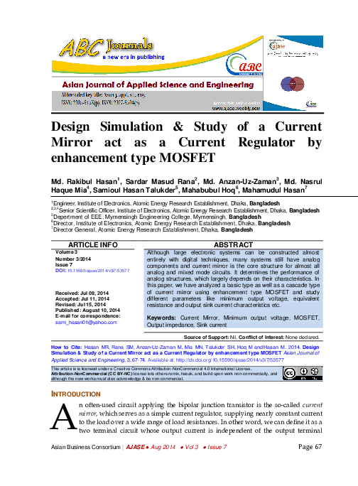 (PDF) Design Simulation & Study of a Current Mirror Act as a Current Regulator by Enhancement ...