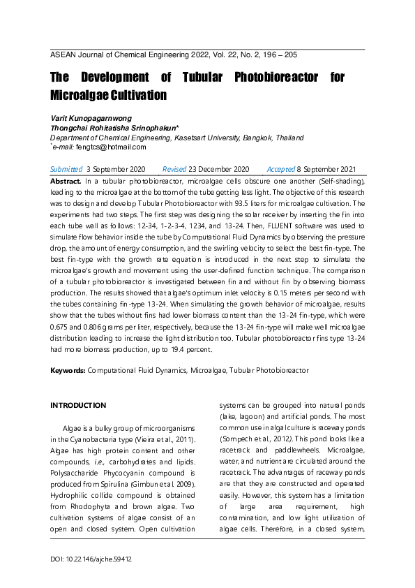 Pdf The Development Of Tubular Photobioreactor For Microalgae Cultivation