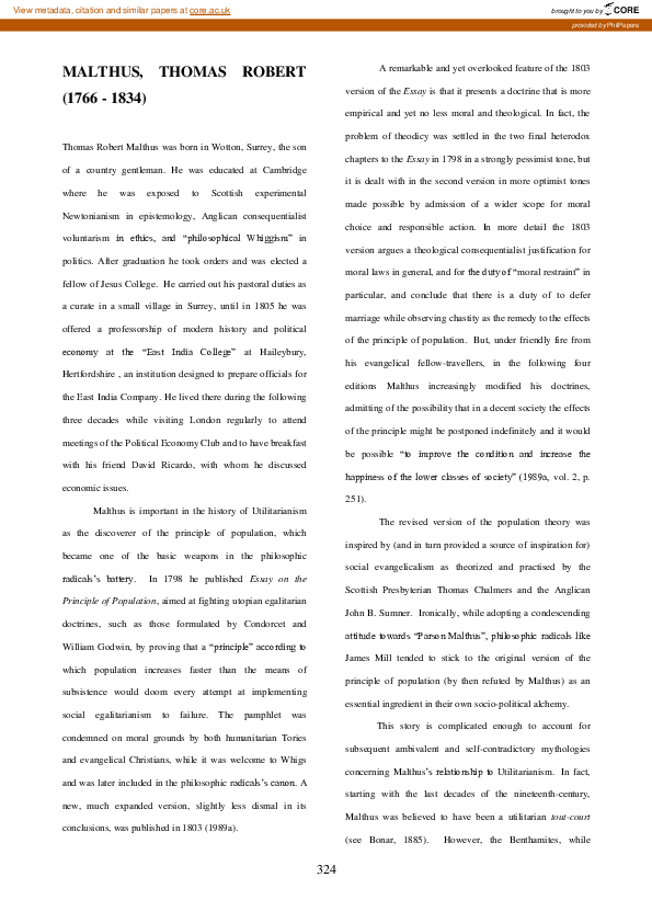 (PDF) Malthus, Thomas Robert (1766–1834) | nejat mohammed - Academia.edu