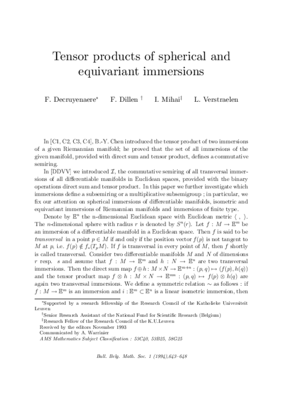 Pdf Tensor Products Of Spherical And Equivariant Immersions