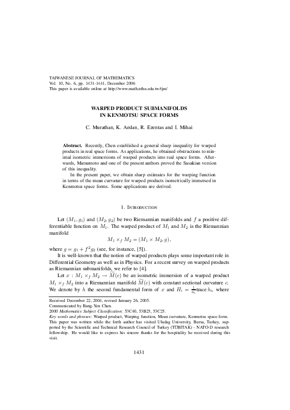 (PDF) Warped Product Submanifolds in Kenmotsu Space Forms