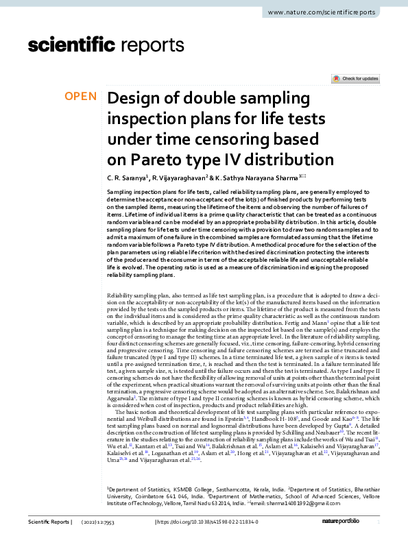 (PDF) Design of double sampling inspection plans for life tests under ...