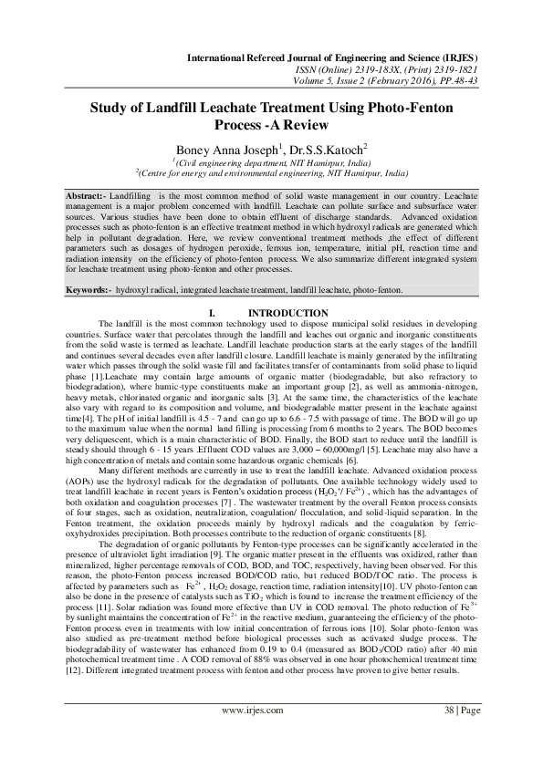 (PDF) Study of Landfill Leachate Treatment Using Photo-Fenton Process-A Review