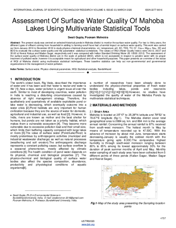 Pdf Assessment Of Surface Water Quality Of Mahoba Lakes Using Multivariate Statistical Tools
