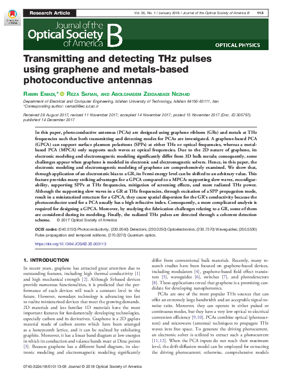 Pdf Transmitting And Detecting Thz Pulses Using Graphene And Metals