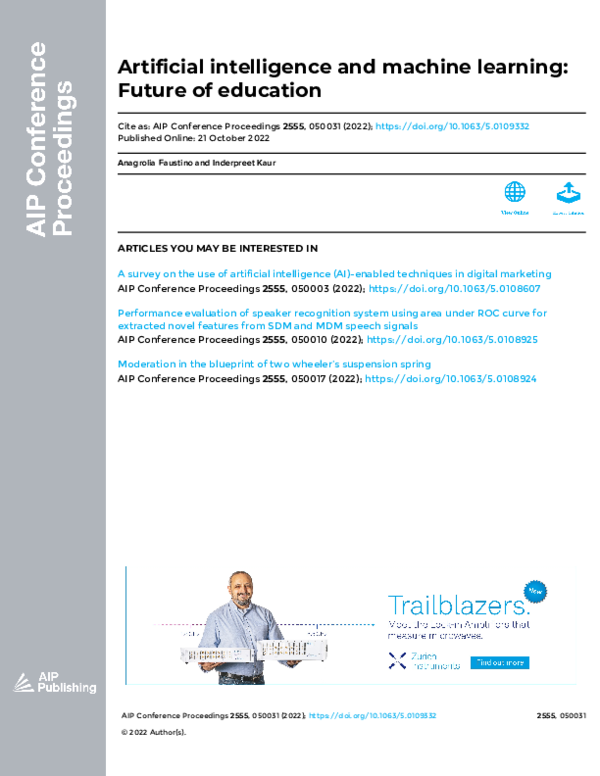(PDF) Artificial intelligence and machine learning: Future of education