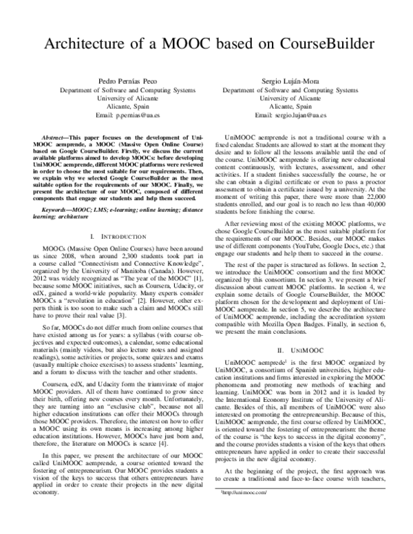(PDF) Architecture of a MOOC based on CourseBuilder | Pedro Pernias - Academia.edu
