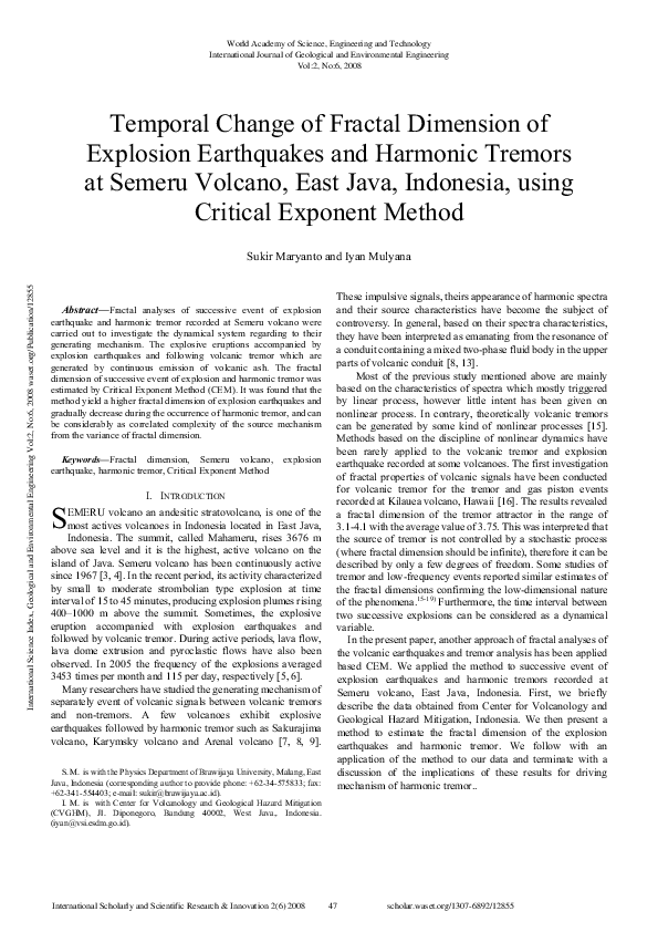 (PDF) Temporal Change Of Fractal Dimension Of Explosion Earthquakes And Harmonic Tremors At ...