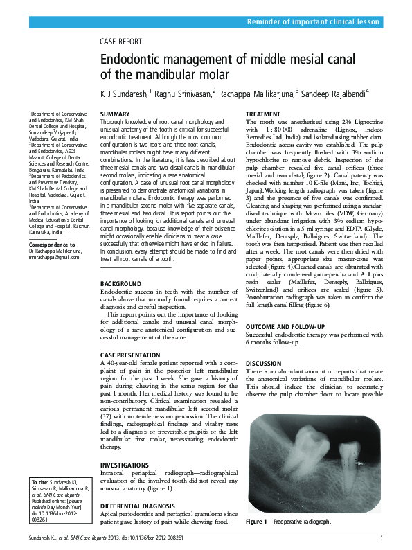 (PDF) Endodontic management of middle mesial canal of the mandibular molar