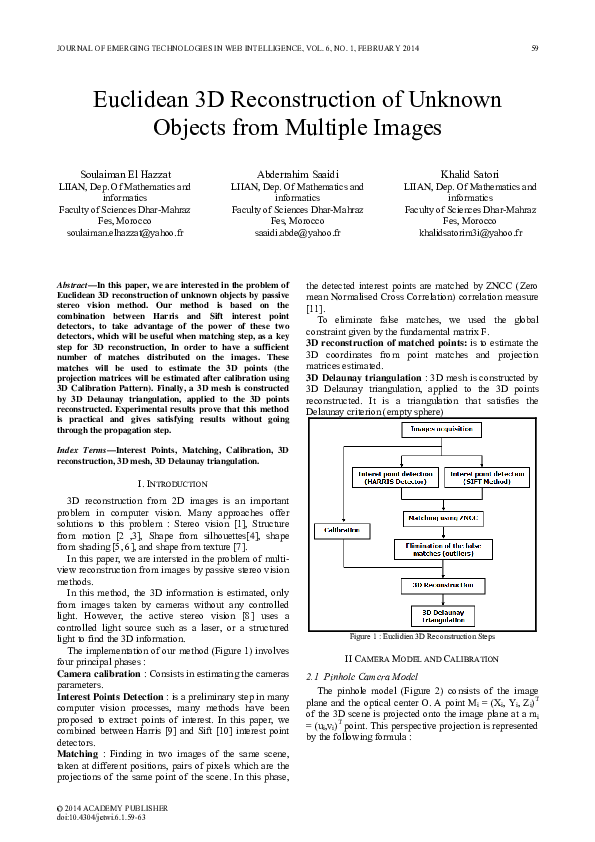 (PDF) Euclidean 3D Reconstruction of Unknown Objects from Multiple Images (PDF) Euclidean 3D Reconstruction of Unknown Objects from Multiple Images