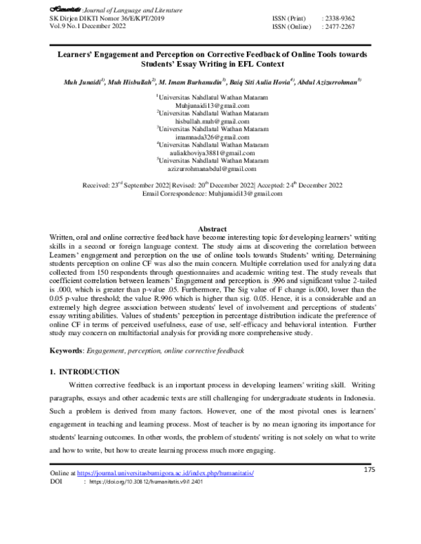 (PDF) Learners' Engagement and Perception on Corrective Feedback of Online Tools towards ...