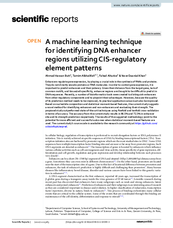 (PDF) A machine learning technique for identifying DNA enhancer regions utilizing CIS-regulatory ...
