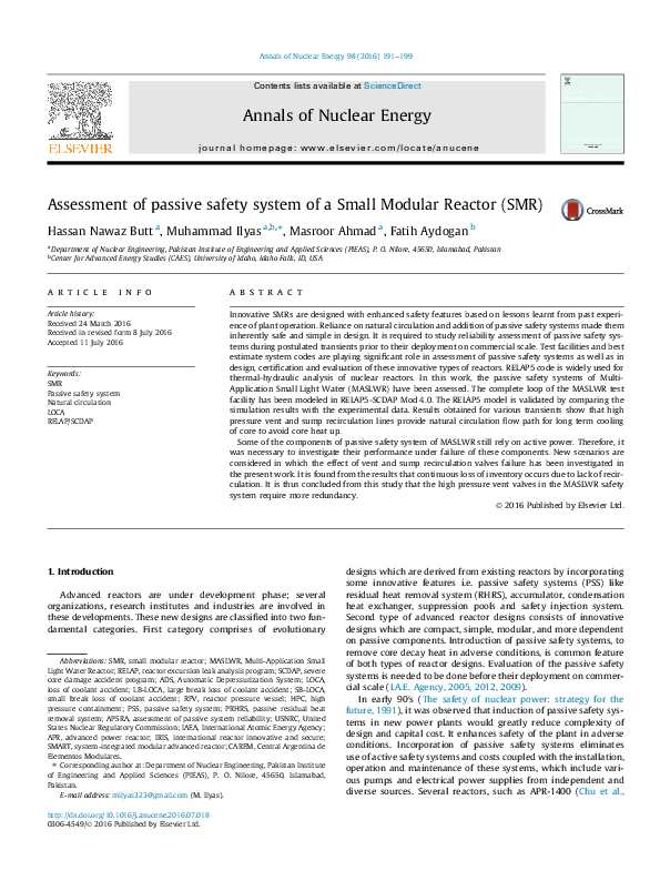 (PDF) Assessment of passive safety system of a Small Modular Reactor (SMR)