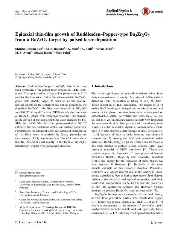 (PDF) Epitaxial thin-film growth of Ruddlesden–Popper-type Ba3Zr2O7 from a BaZrO3 target by ...