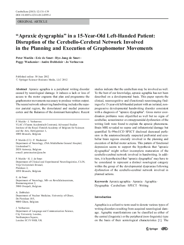 (PDF) “Apraxic dysgraphia” in a 15-Year-Old Left-Handed Patient ...