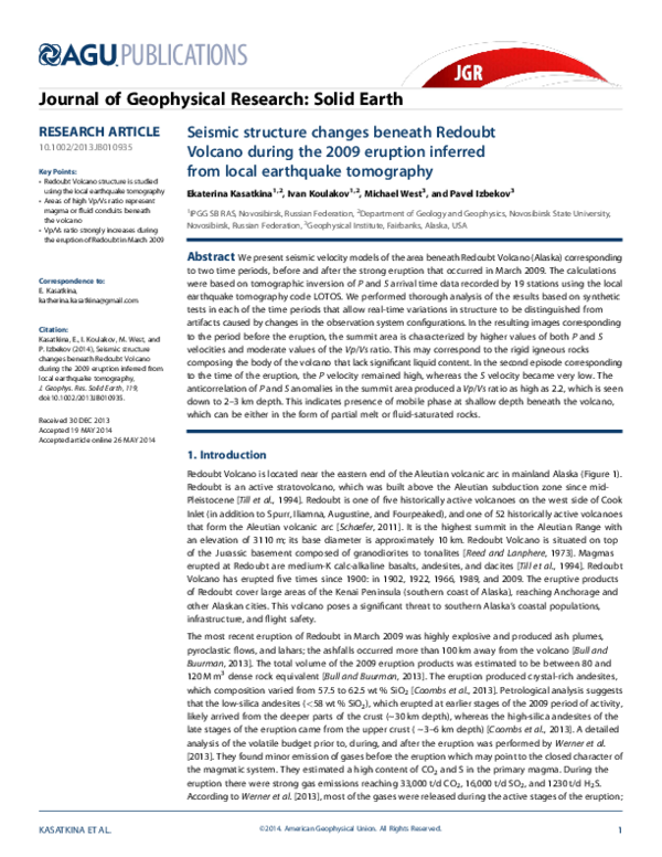 (PDF) Seismic structure changes beneath Redoubt Volcano during the 2009 ...