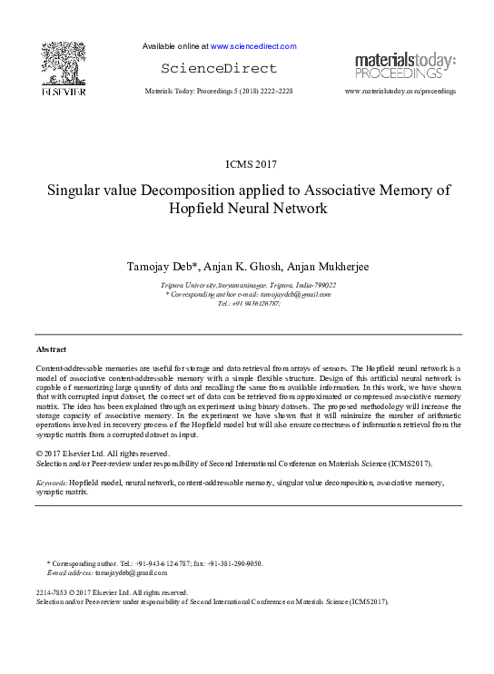 Pdf Icms 2017 Singular Value Decomposition Applied To Associative Memory Of Hopfield Neural