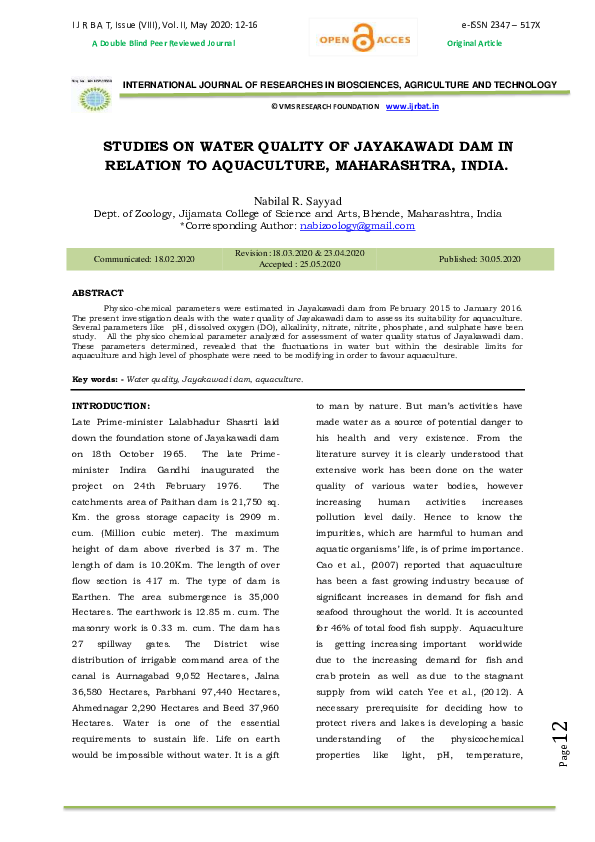 (PDF) Studies on Water Quality of Jayakawadi Dam in Relation to ...