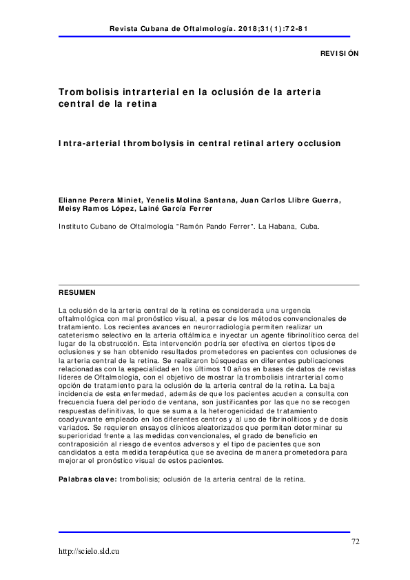 (PDF) Trombolisis intrarterial en la oclusión de la arteria central de ...