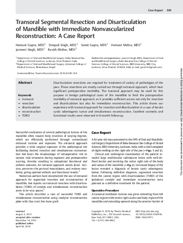 (PDF) Transoral Segmental Resection and Disarticulation of Mandible ...