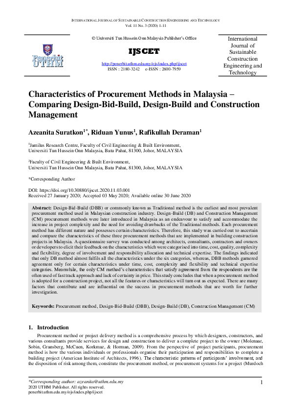 (PDF) Characteristics of Procurement Methods in Malaysia – Comparing ...