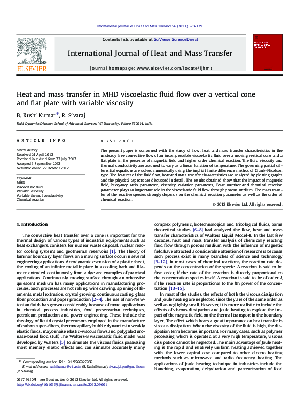 (PDF) Heat and mass transfer in MHD viscoelastic fluid flow over a vertical cone and flat plate ...