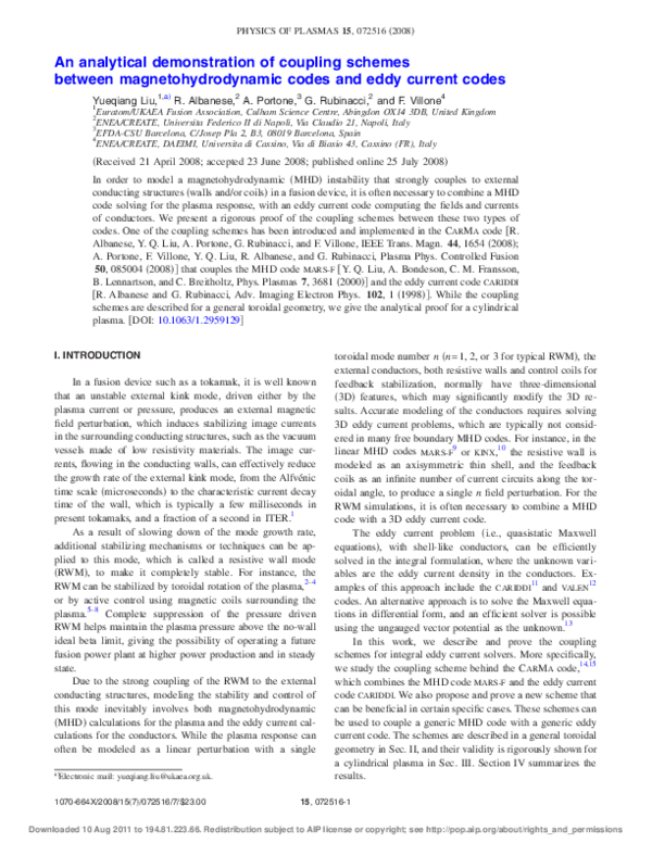(PDF) An analytical demonstration of coupling schemes between magnetohydrodynamic codes and eddy ...