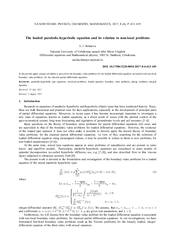 (PDF) The loaded parabolic-hyperbolic equation and its relation to non-local problems