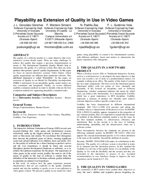 (PDF) Playability as Extension of Quality in Use in Video Games