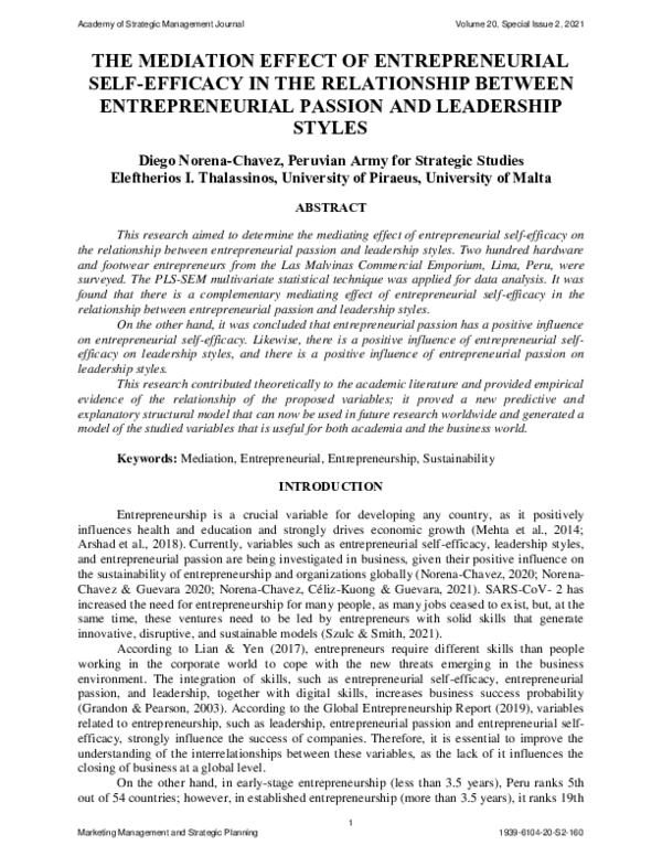 (PDF) Entrepreneurial Passion, Self-Efficacy, and Leadership