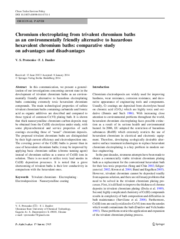 Pdf Chromium Electroplating From Trivalent Chromium Baths As An Environmentally Friendly