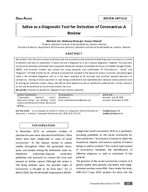 (PDF) Saliva for Non-Invasive Coronavirus Detection