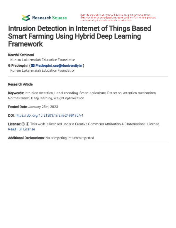 Pdf Intrusion Detection In Internet Of Things Based Smart Farming Using Hybrid Deep Learning