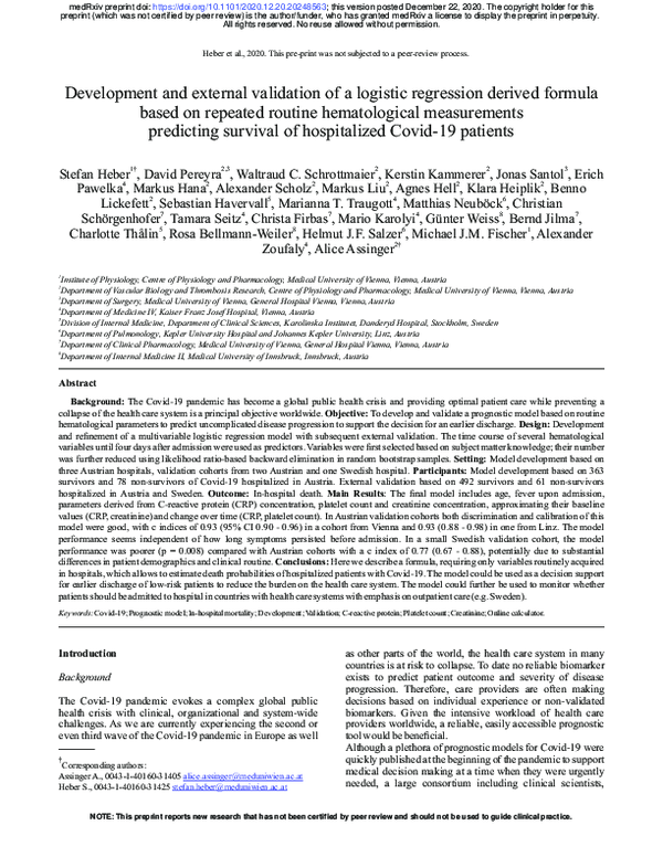 Pdf Development And External Validation Of A Logistic Regression