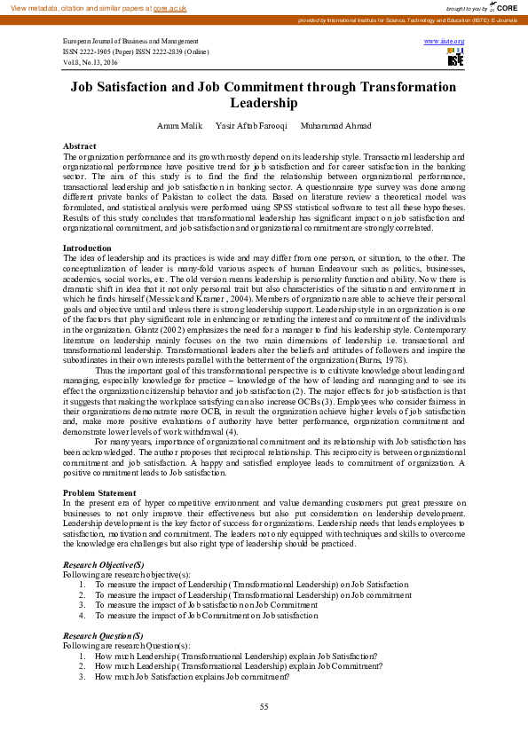 (PDF) Job Satisfaction and Job Commitment through Transformation